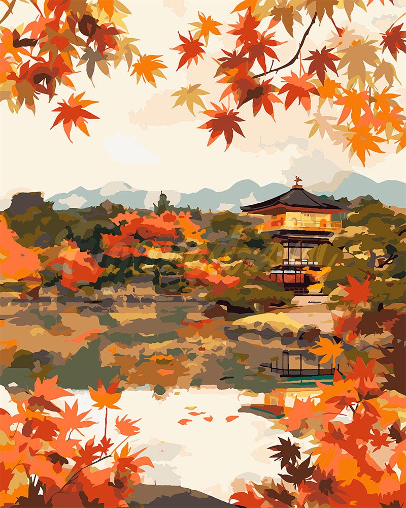 Paint by Numbers for adults - Japanese Temple by Fall Lake – Figured'Art
