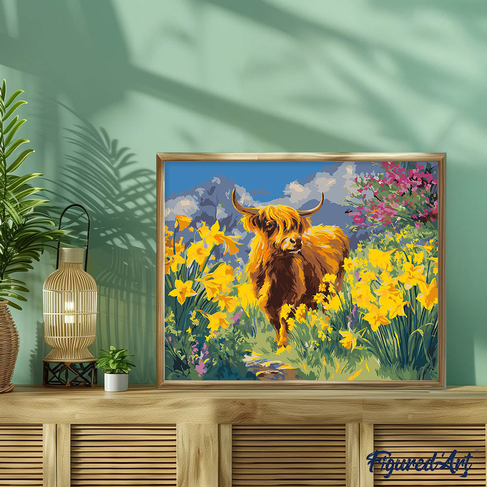 Paint by Numbers for adults - Highland cow and daffodils – Figured'Art